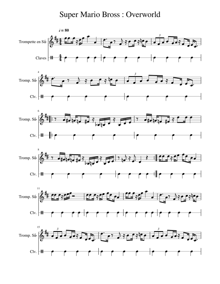 Super Mario Bross : Overworld Sheet music for Trumpet in b-flat, Claves ...
