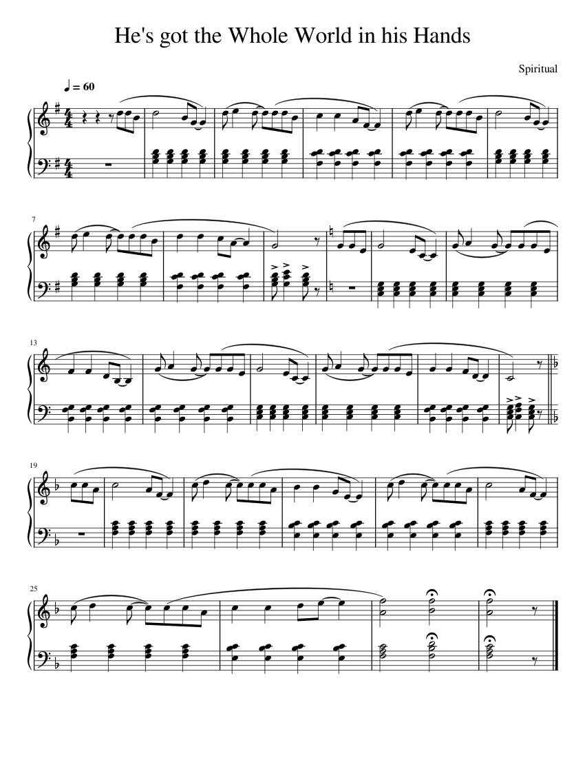 He's Got The Whole World In His Hands Sheet Music for Piano (Solo) easy ...