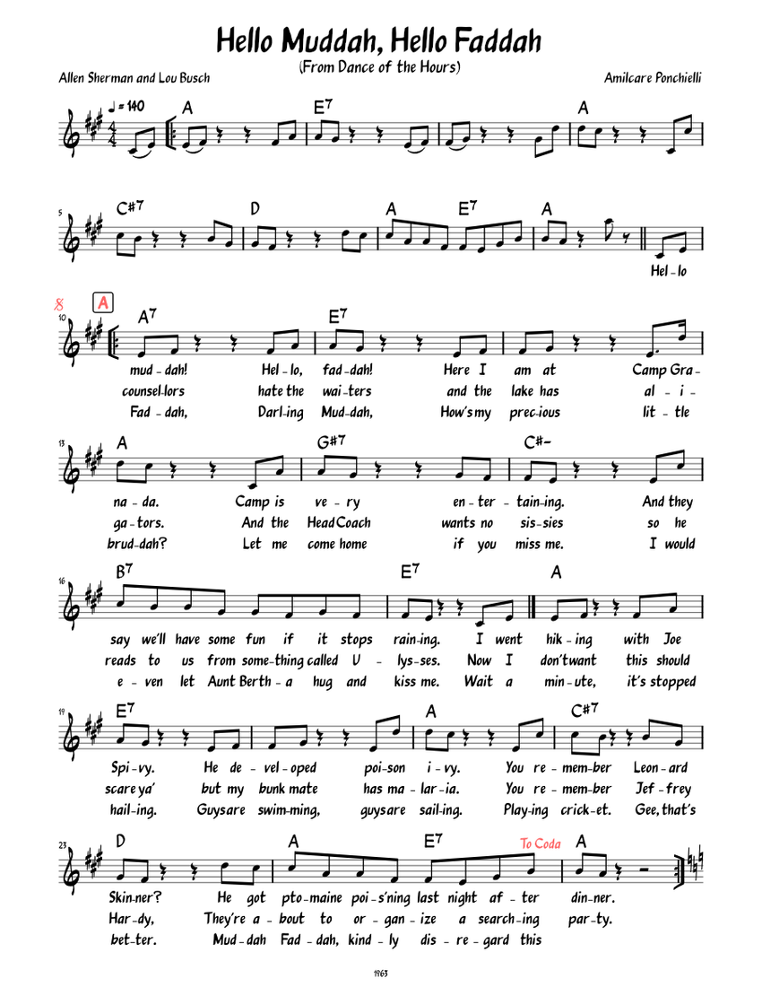 Hello Muddah, Hello Faddah (Lead sheet with lyrics ) Sheet Music with ...