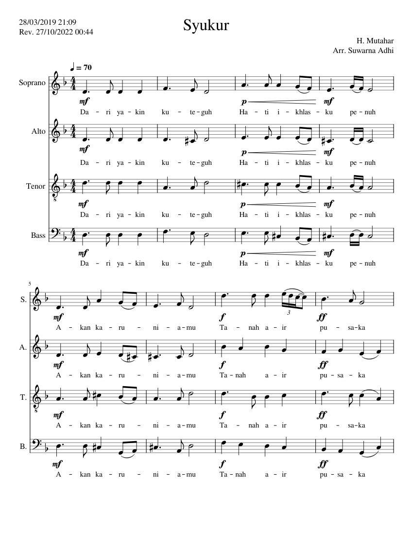 Syukur – H. Mutahar arr. Suwarna Adhi Sheet music for Soprano, Alto ...