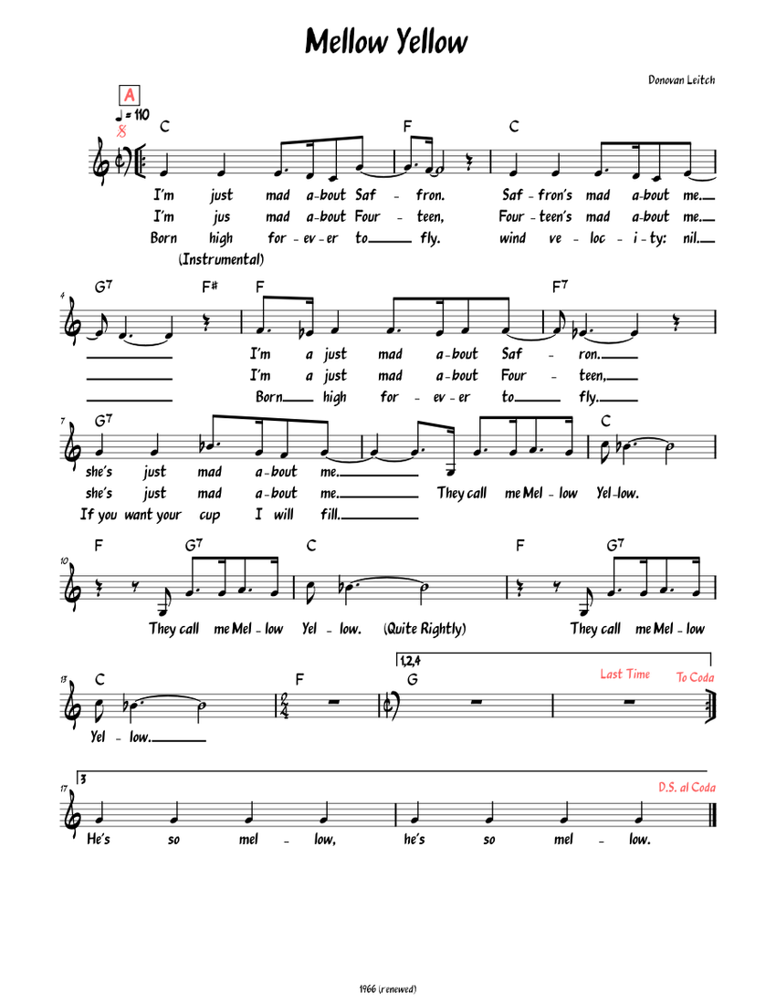 Mellow Yellow (Lead Sheet with lyrics ) Sheet Music with Chords for ...