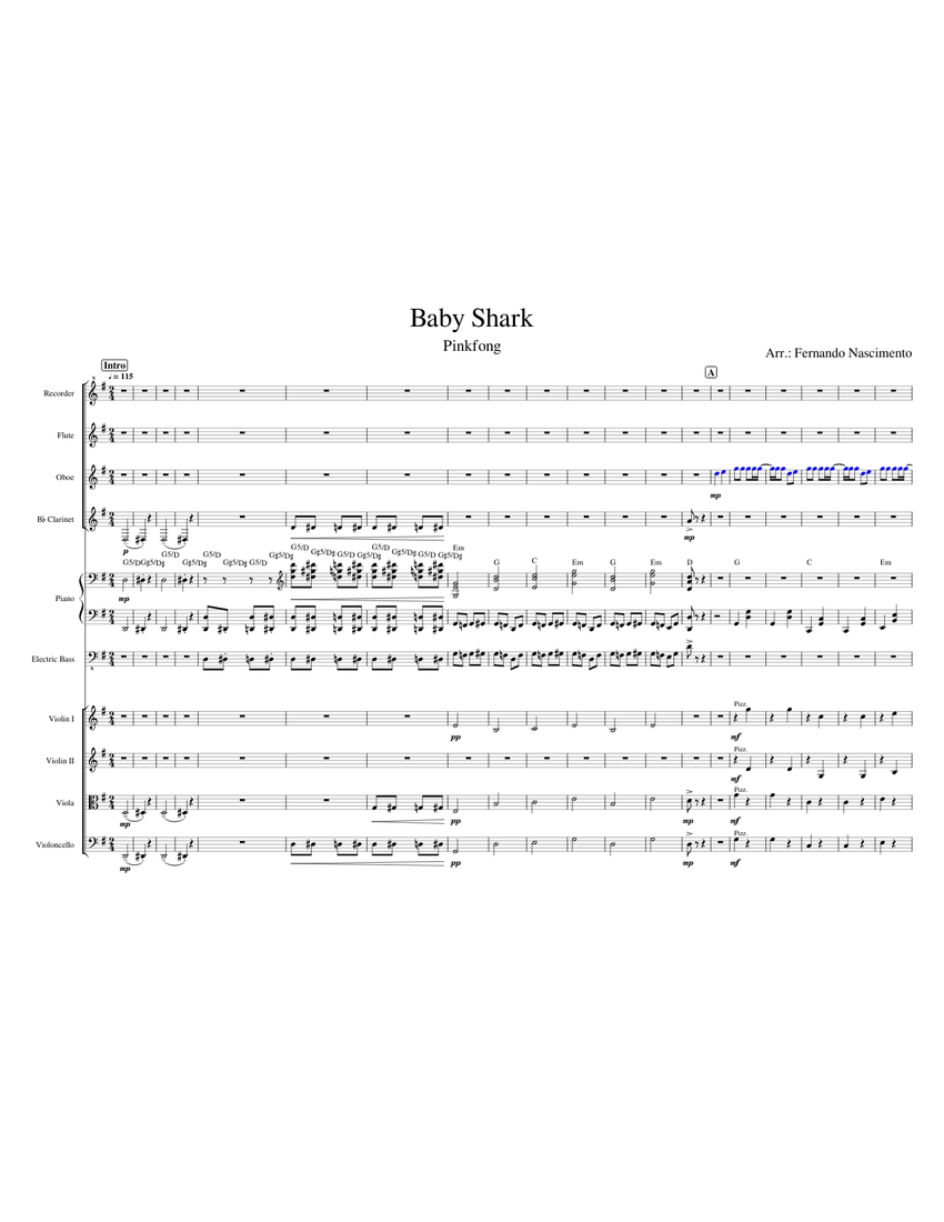 Baby Shark Sheet music for Piano, Flute, Oboe, Clarinet in b-flat ...