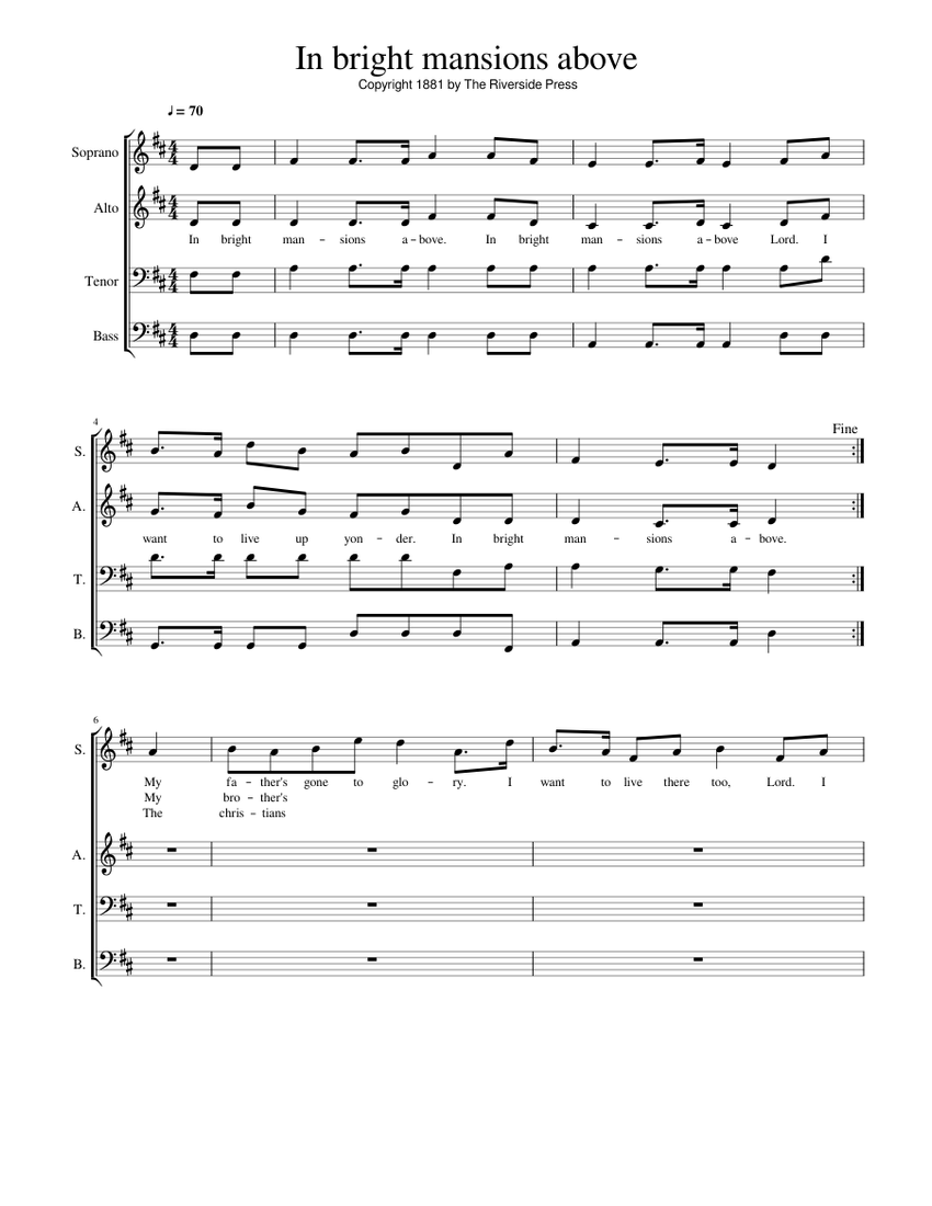 78-In bright mansions above Sheet music for Soprano, Alto, Tenor, Bass ...