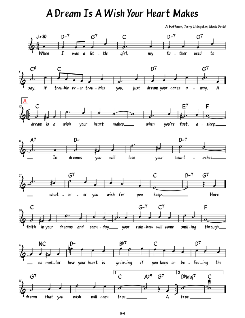 A Dream Is a Wish Your Heart Makes (Lead sheet with lyrics ) Sheet ...