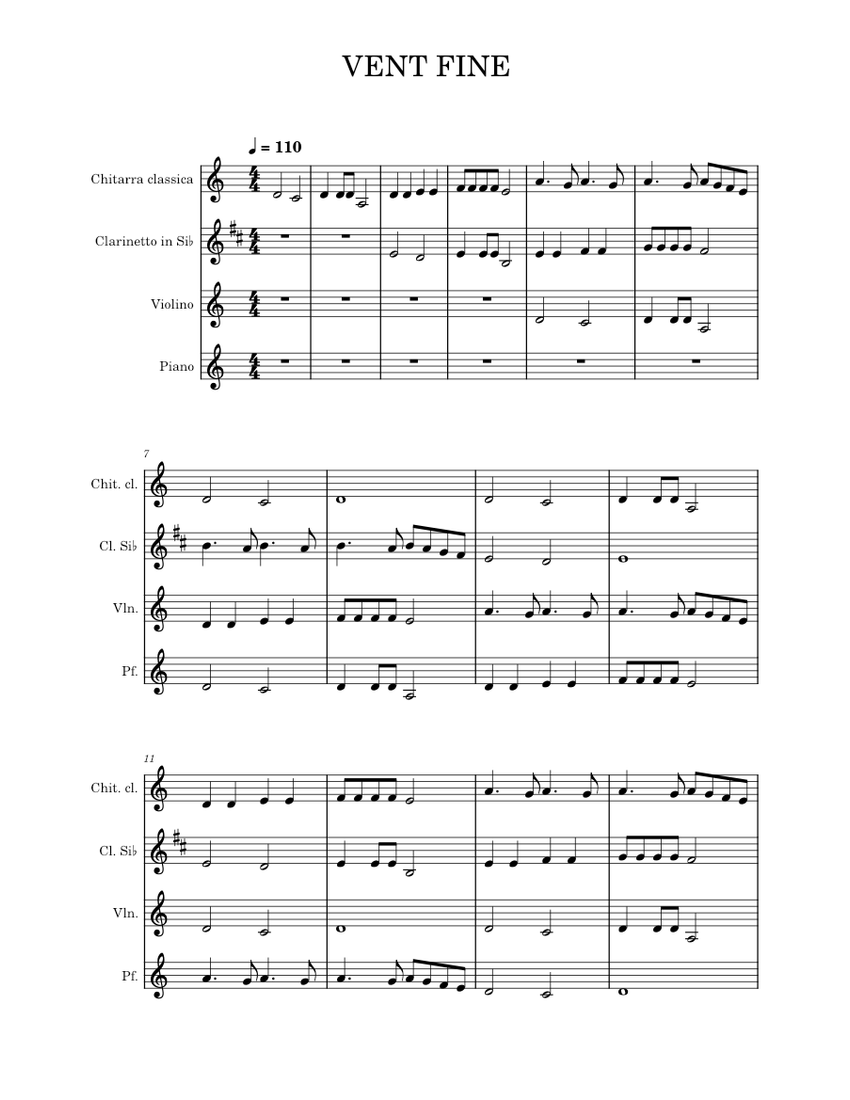 VENT FINE Sheet music for Piano, Clarinet in b-flat, Violin, Guitar ...