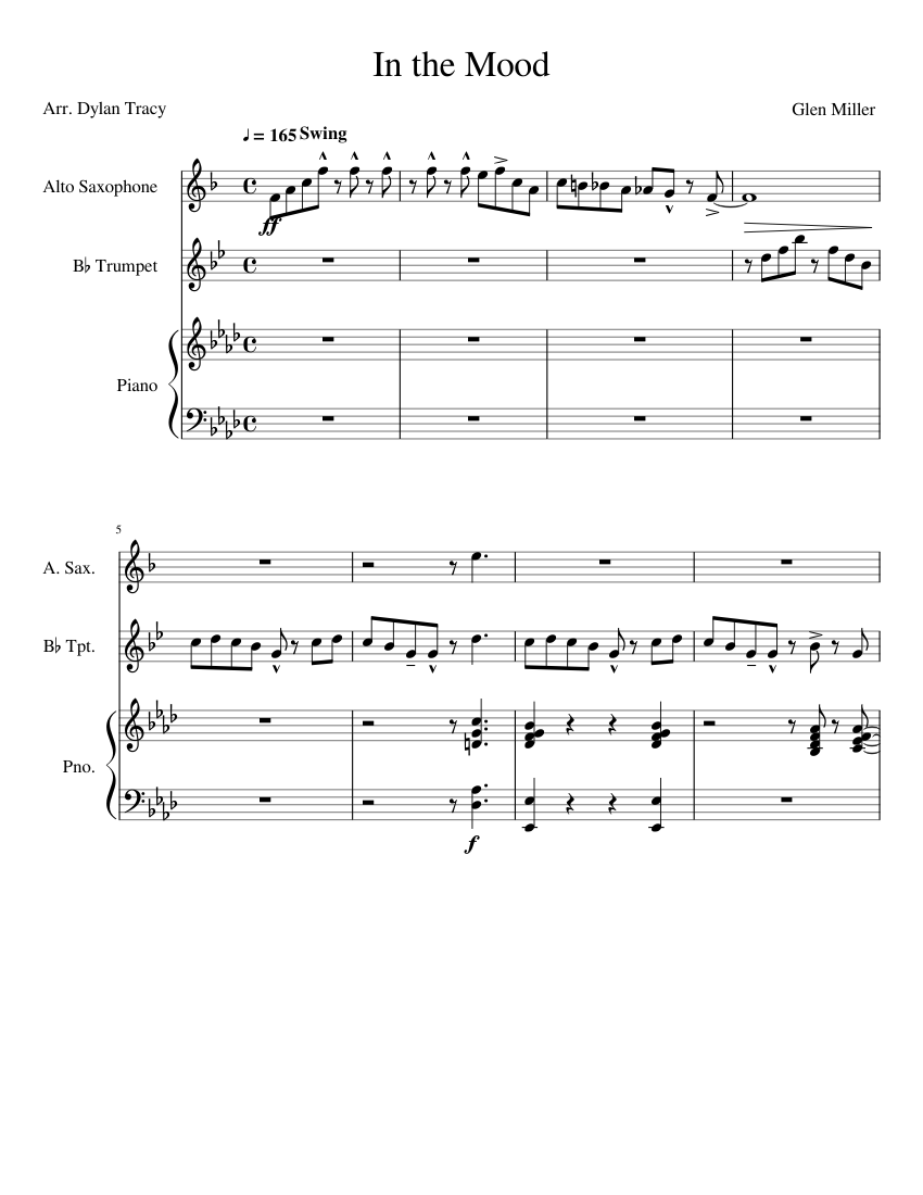 In the Mood Sheet Music for Piano, Saxophone alto, Trumpet in b-flat ...