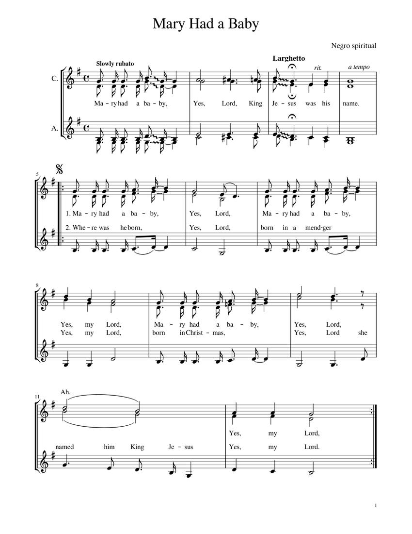 Mary Had a Baby – Negro spiritual Sheet Music for Soprano, Alto (Choral ...