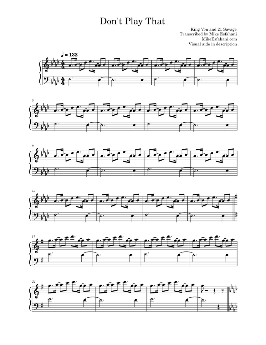 Don't Play That - King Von and 21 Savage Sheet Music for Piano (Solo ...