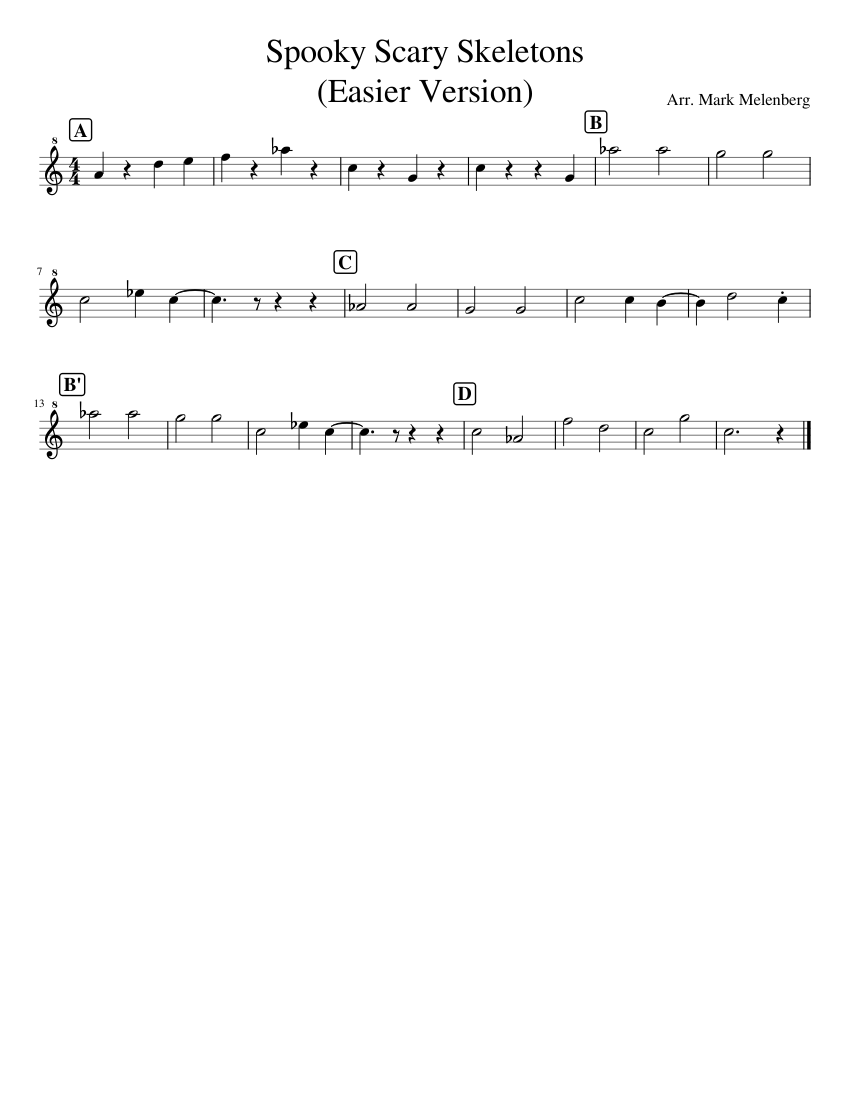 Spooky Scary Skeletons Easier Version Sheet Music for Recorder (Solo ...