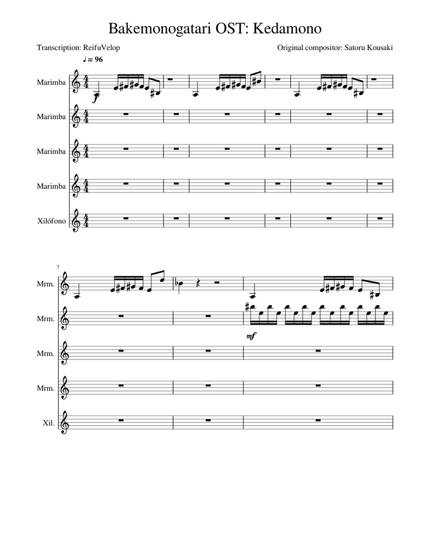 Bakemonogatari OST: Kedamono Sheet music for Marimba, Xylophone ...