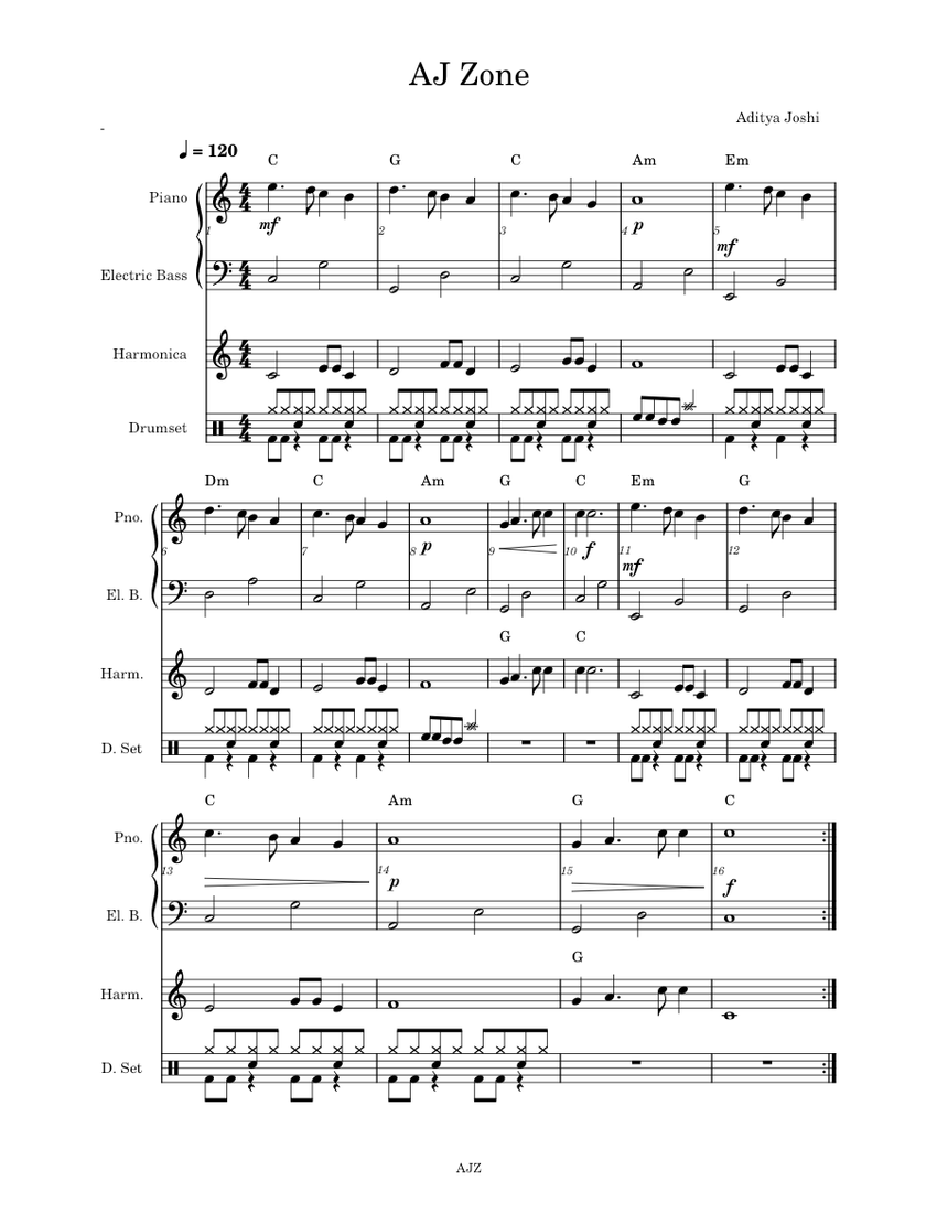 AJ Zone LESSON 1 Melody Chords Harmony Bass Drums 5 Layers Sheet music for Piano, Bass guitar ...