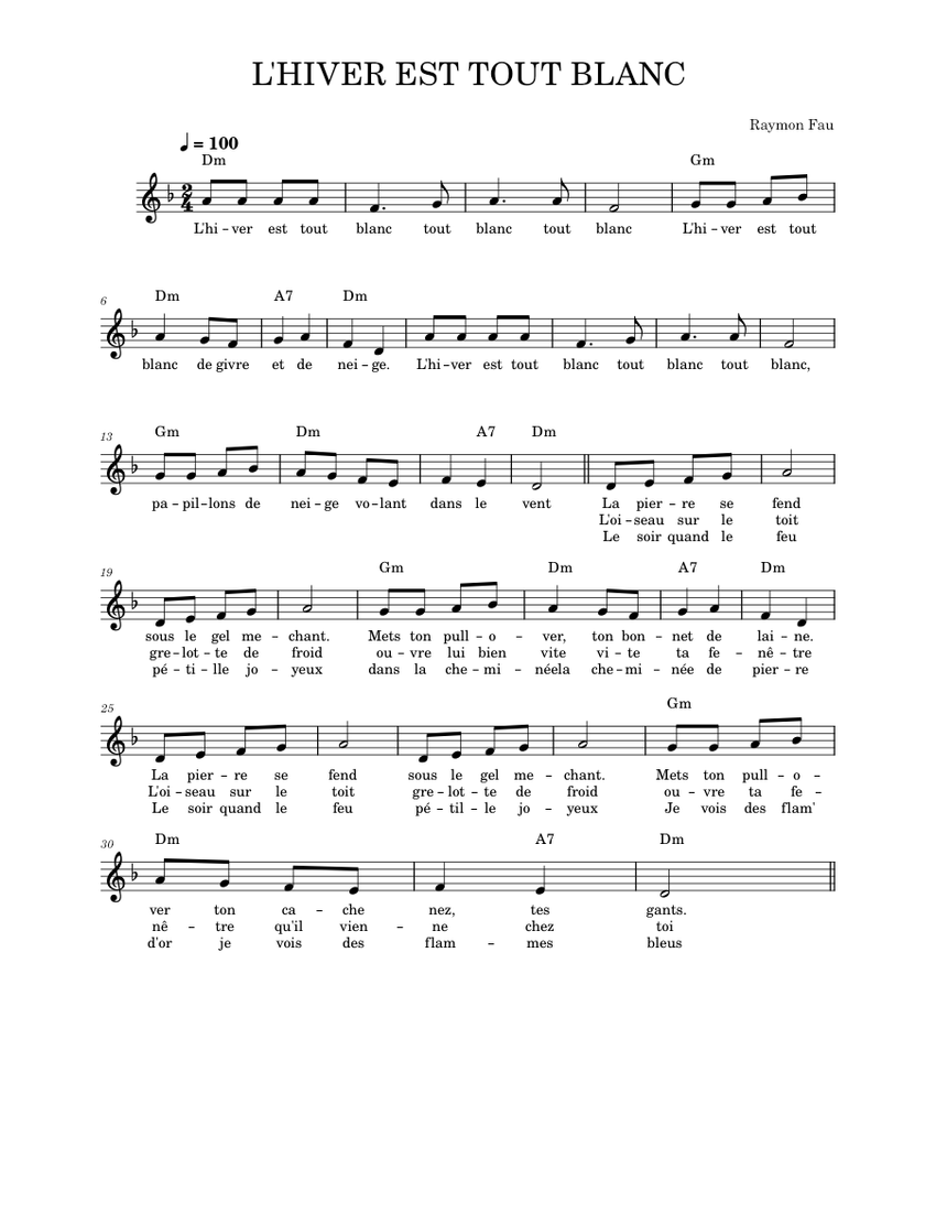 L'hiver est tout blanc – Raymond Fau Sheet Music with Chords for Piano ...