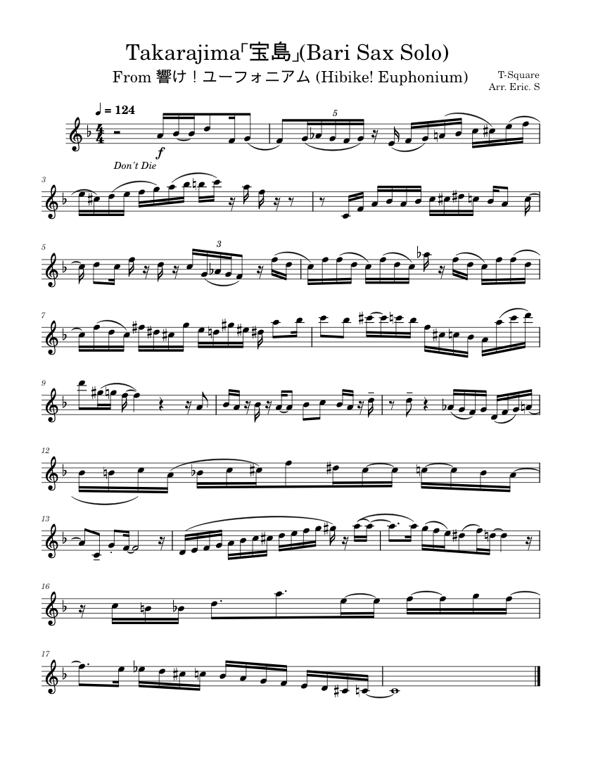 TAKARAJIMA – T-Square Bari Sax Solo Sheet music for Saxophone baritone ...