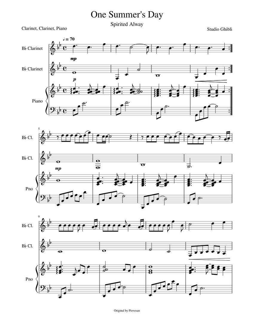 One Summers Day 2Clarinet Piano Sheet Music for Piano, Clarinet in b ...