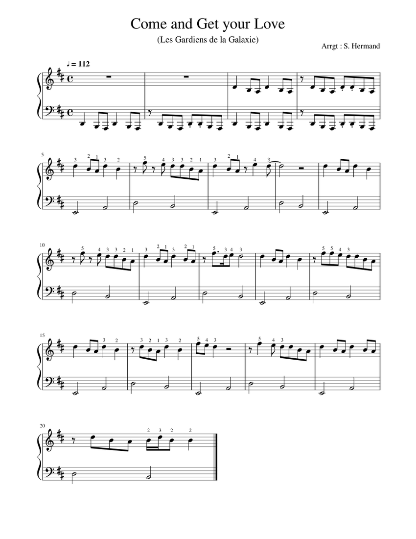 Come and Get your Love Les gardiens de la Galaxie Sheet Music for Piano ...