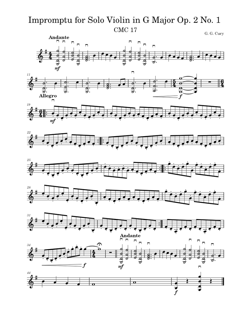 Impromptu for Solo Violin in G Major Op. 2 No. 1 Sheet Music for Violin ...