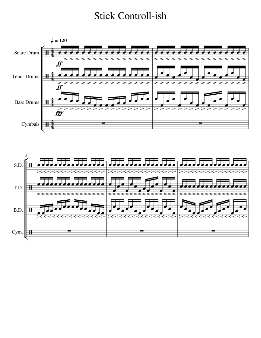 Stick Controll-ish Sheet music for Snare drum, Crash, Tenor drum, Bass drum (Drum Corps (Modern ...