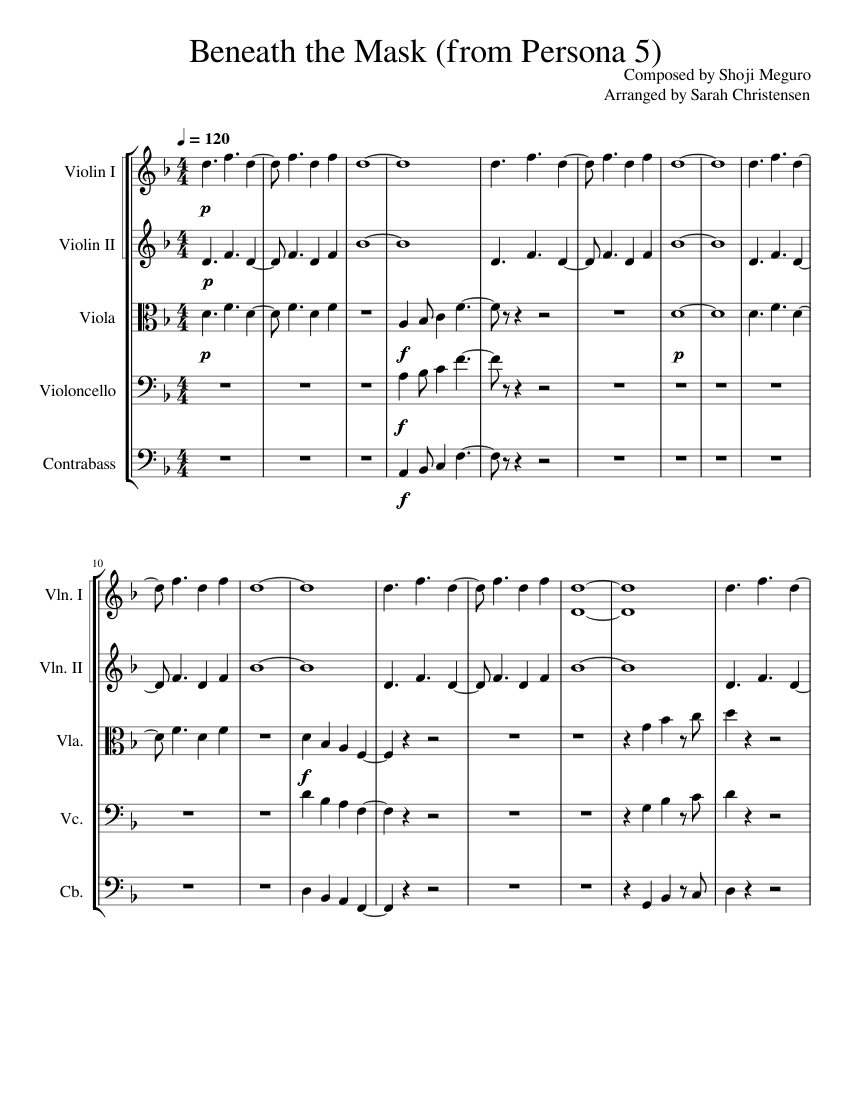 Beneath the Mask Sheet Music for Contrabass, Violin, Viola, Cello ...