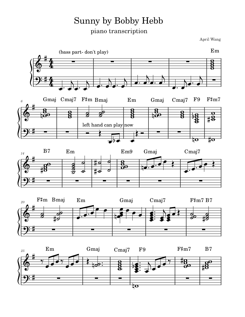 Sunny – Bobby Hebb arrangement and chord lead Sheet Music for Piano ...