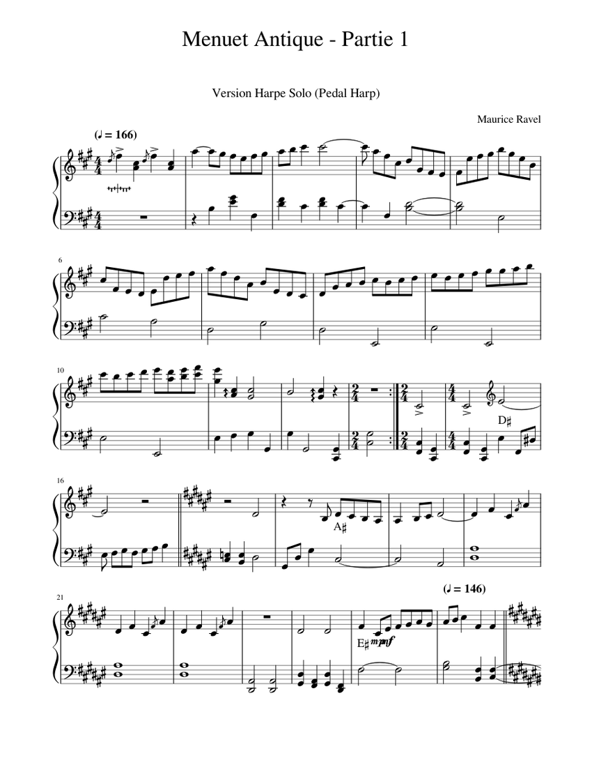 Menuet Antique – Maurice Ravel - Part 1 - Pedal Harp Sheet music for ...