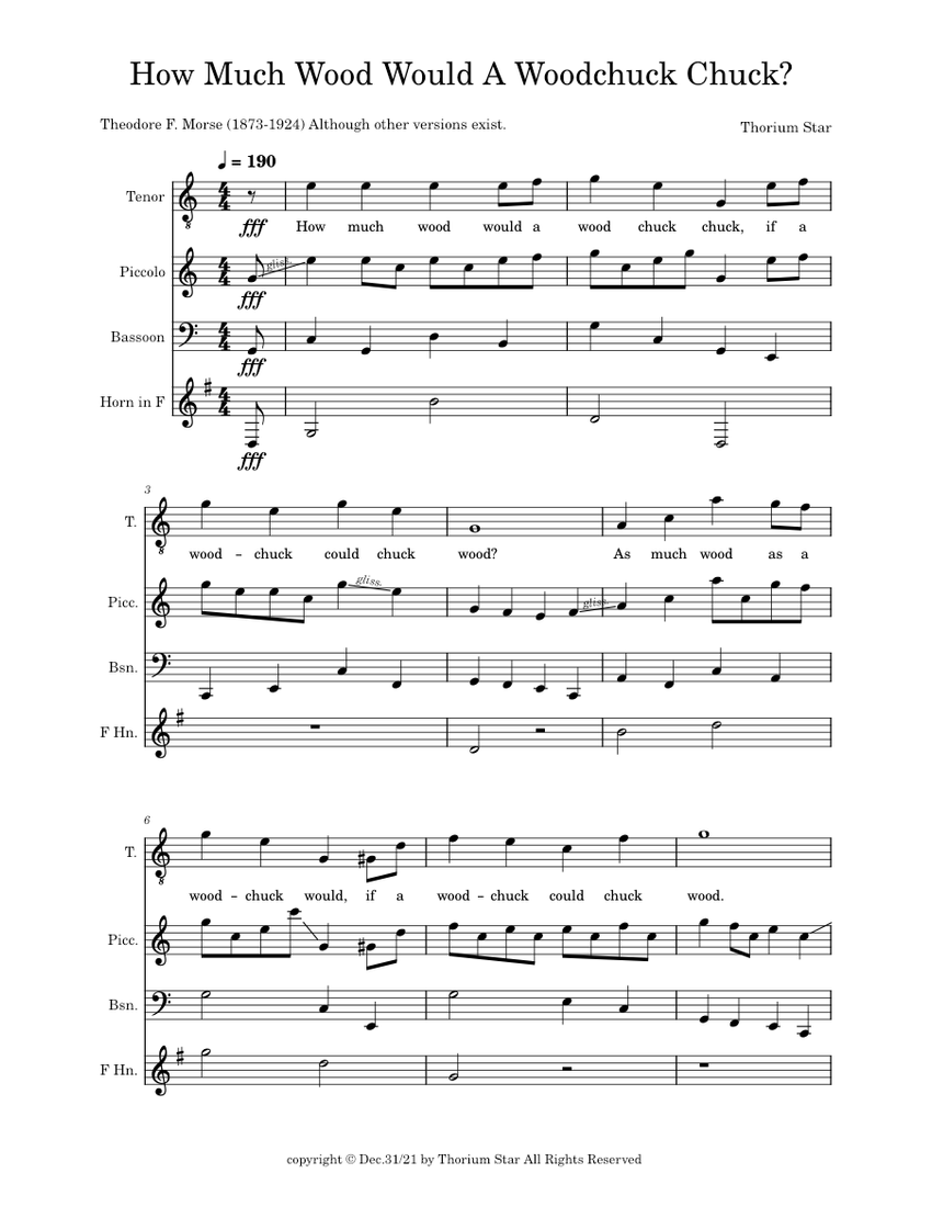 How Much Wood Would A Woodchuck Chuck Sheet Music for Tenor, Flute ...