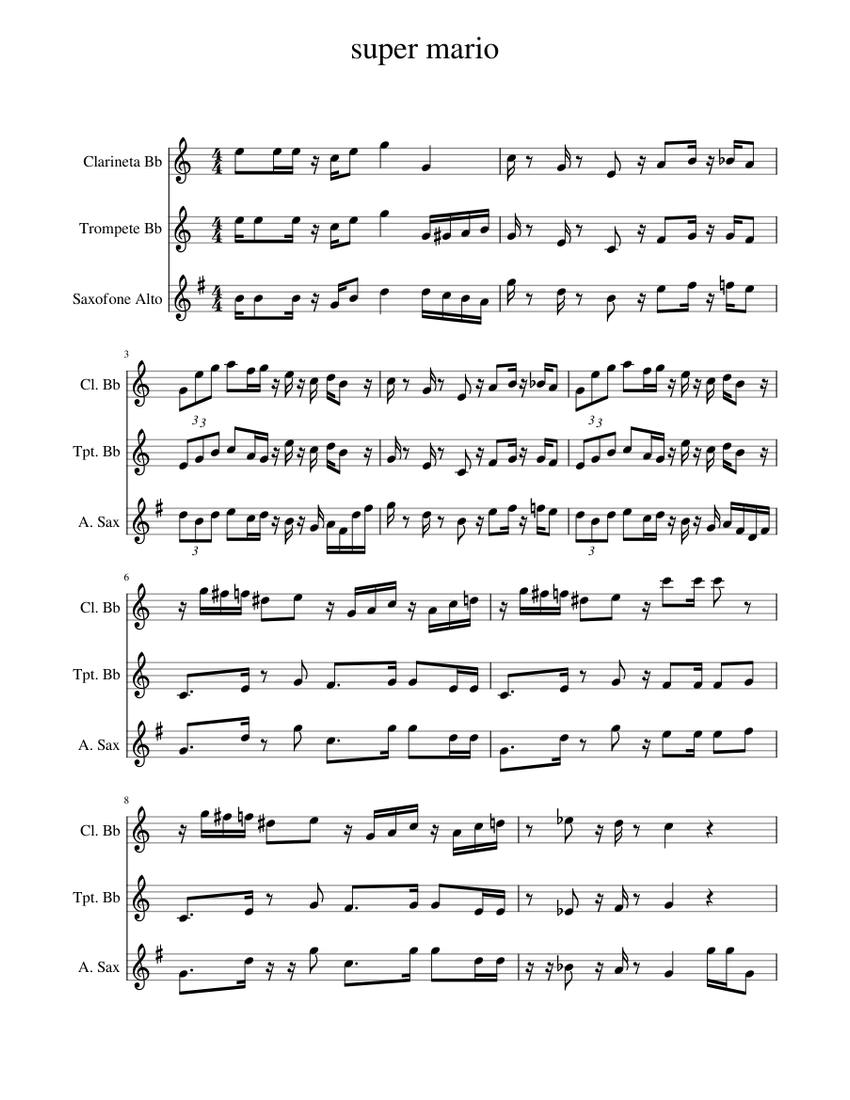 Super mario Sheet Music for Clarinet in b-flat, Saxophone alto, Trumpet ...