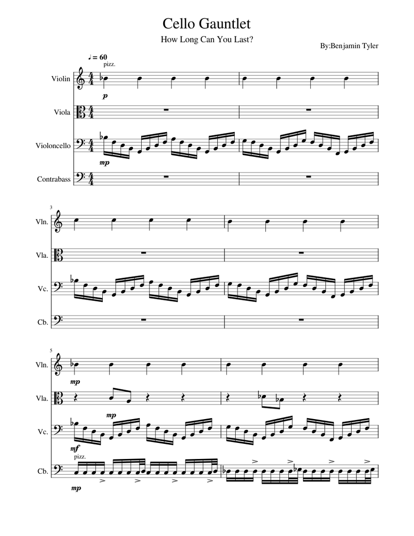 Cello Gauntlet Sheet Music for Contrabass, Violin, Viola, Cello (Mixed ...