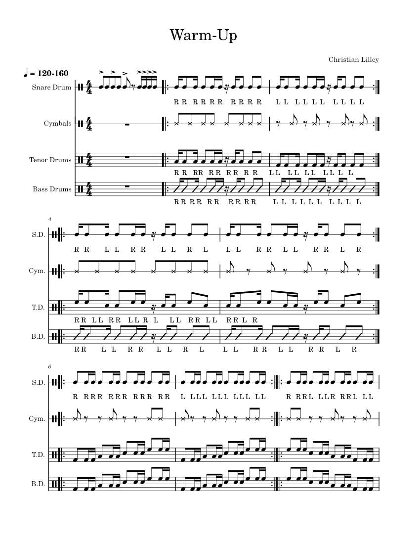Warm-Up #1 Sheet music for Snare drum, Crash, Tenor drum, Bass drum ...