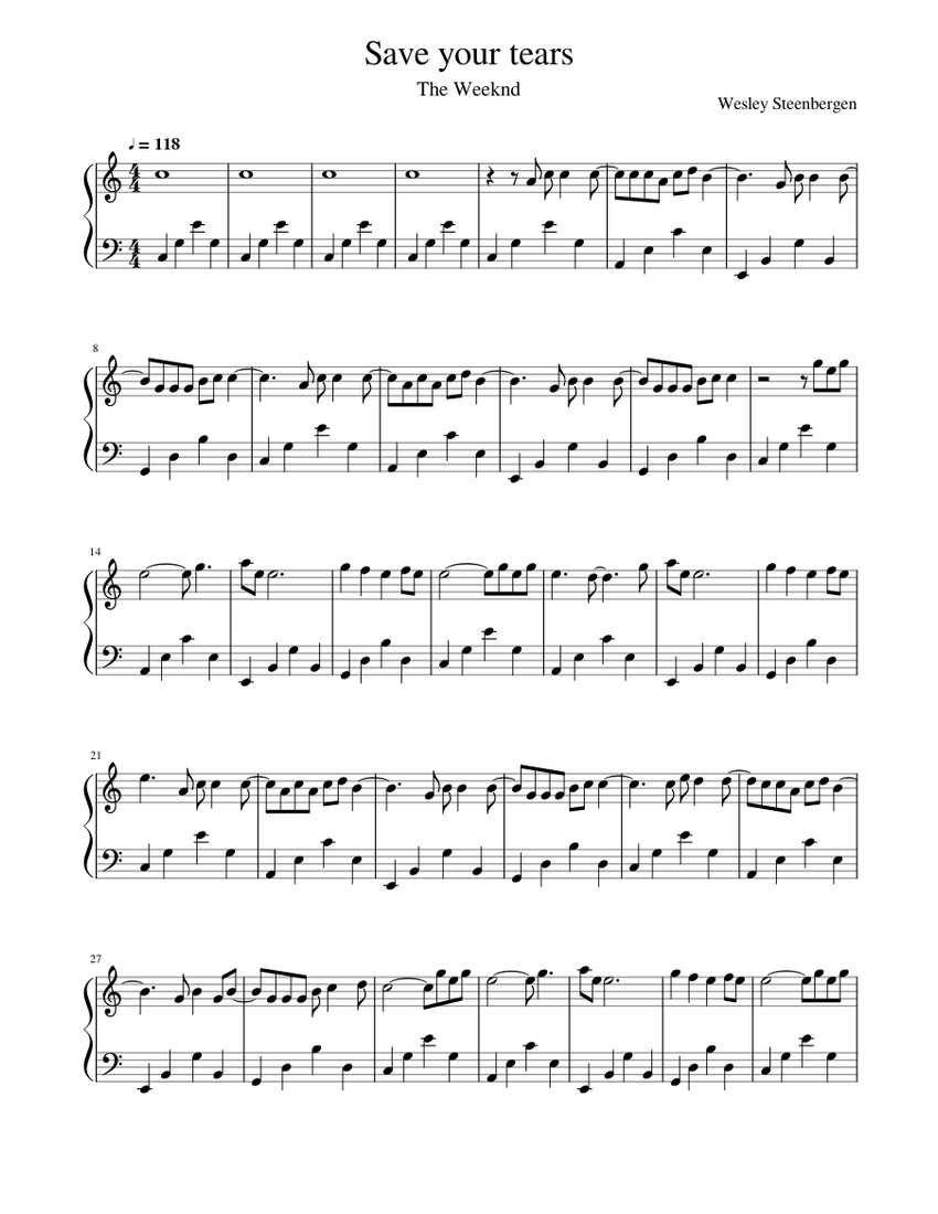 Save your tears - the Weeknd Sheet Music for Piano (Solo) easy ...