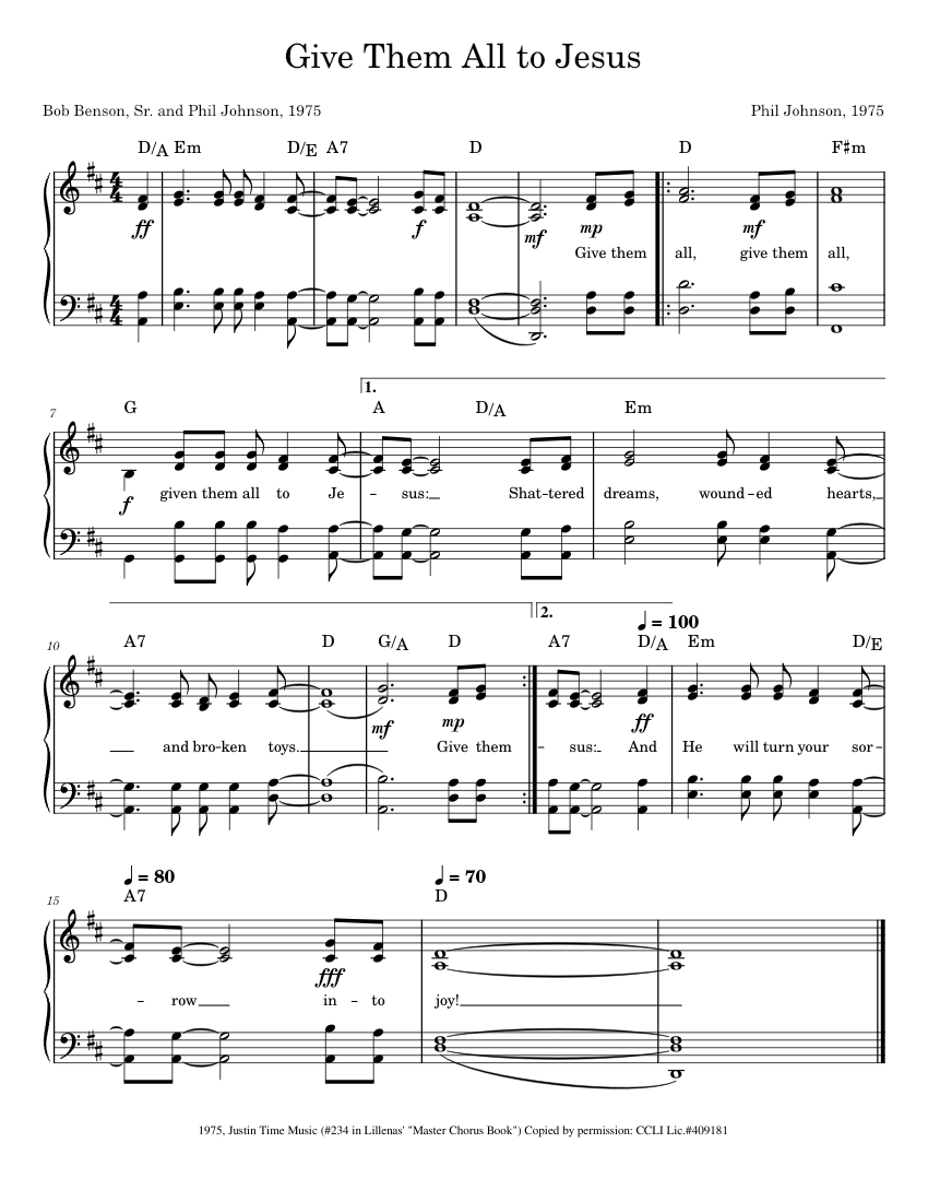 Give Them All to Jesus (Key of D with Chords) Sheet Music for Piano ...