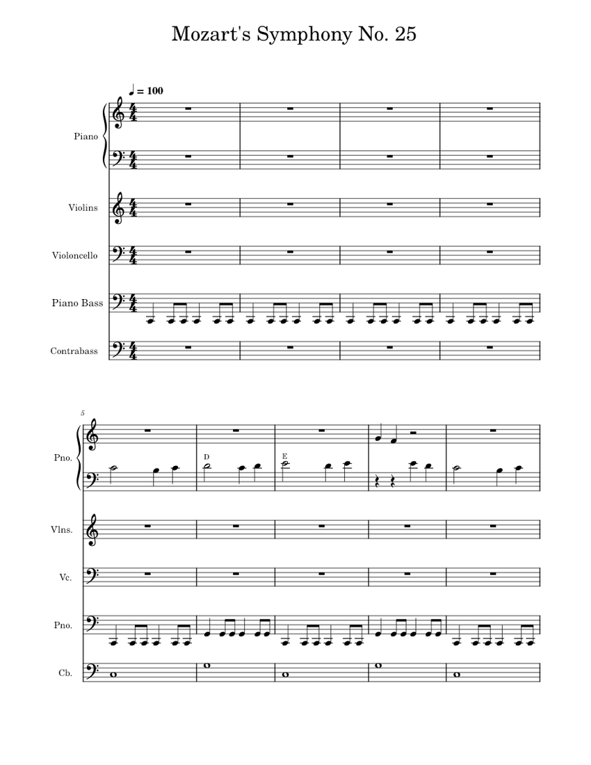 Mozart's Symphony No. 25 - Keys Sheet music for Piano, Contrabass ...