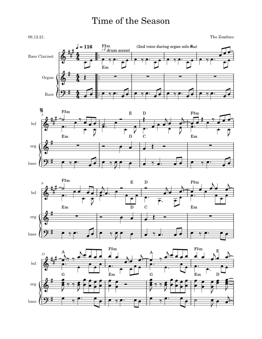 Time of the season – The Zombies Sheet Music with Chords for Organ ...