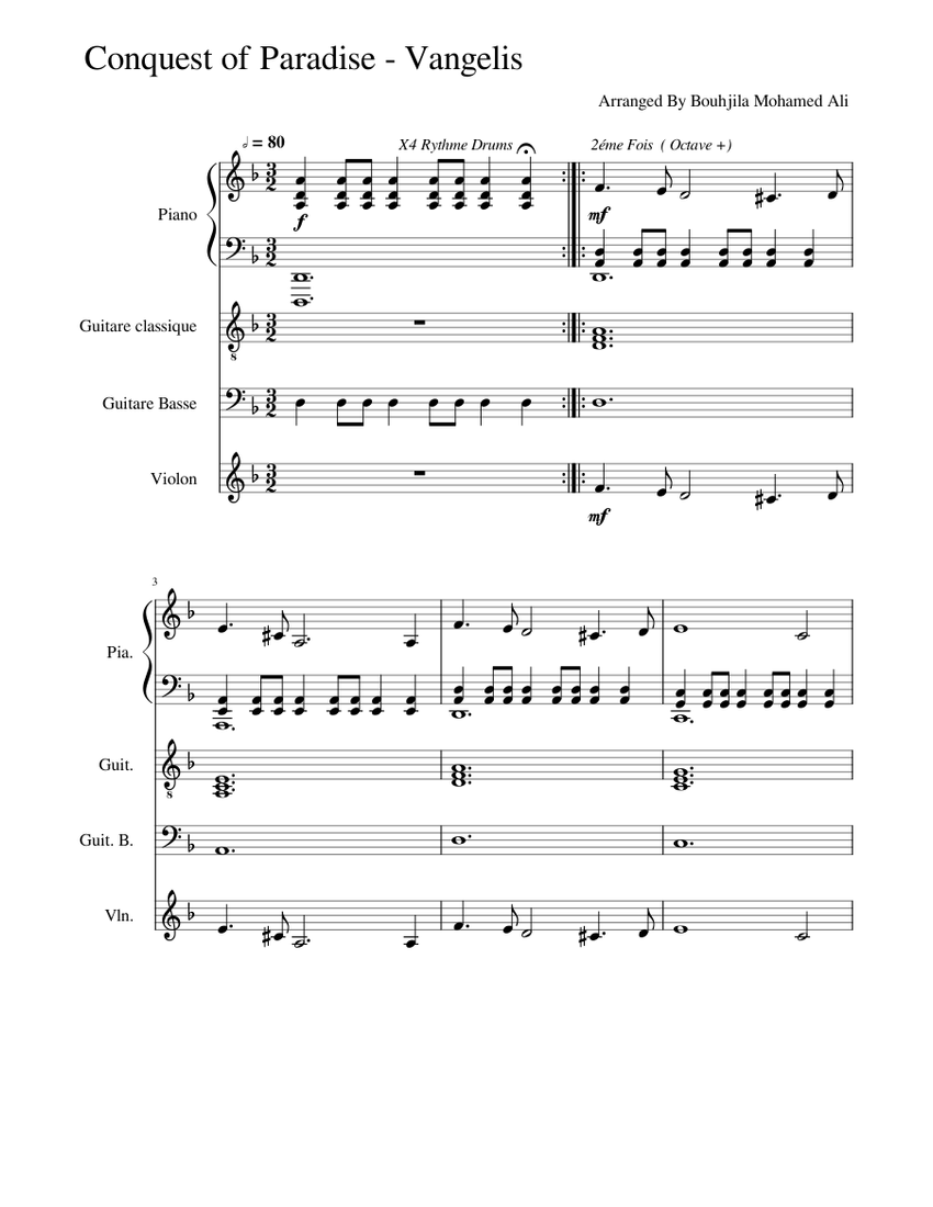 Conquest of Paradise - Vangelis Sheet Music for Piano, Violin, Guitar ...