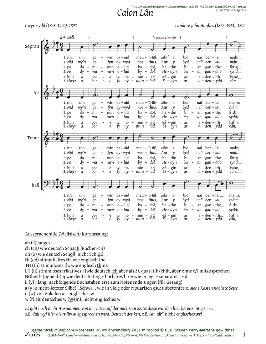 Hughes — Calon Lân Sheet Music for Soprano, Alto, Tenor, Bass voice ...