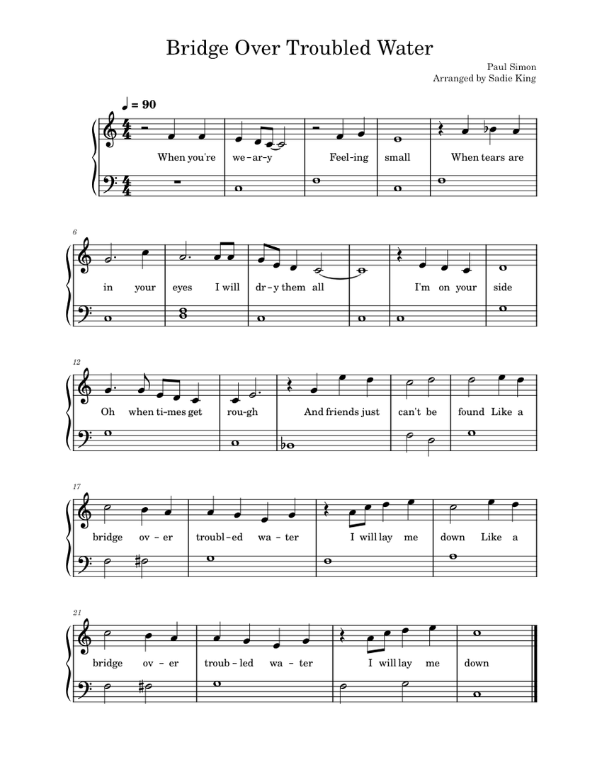 Bridge Over Troubled Water – Paul Simon - Very Easy Piano Sheet Music ...