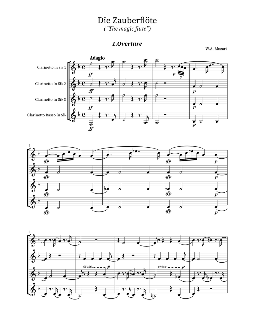 The Magic Flute, K620: "Overture" (Clarinet quartet) - W.A. Mozart ...