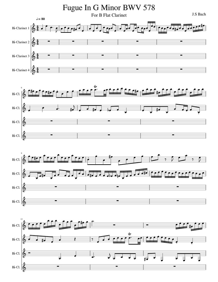 Fugue In G Minor BWV 578 For B Clarinet Sheet music for Clarinet in b ...