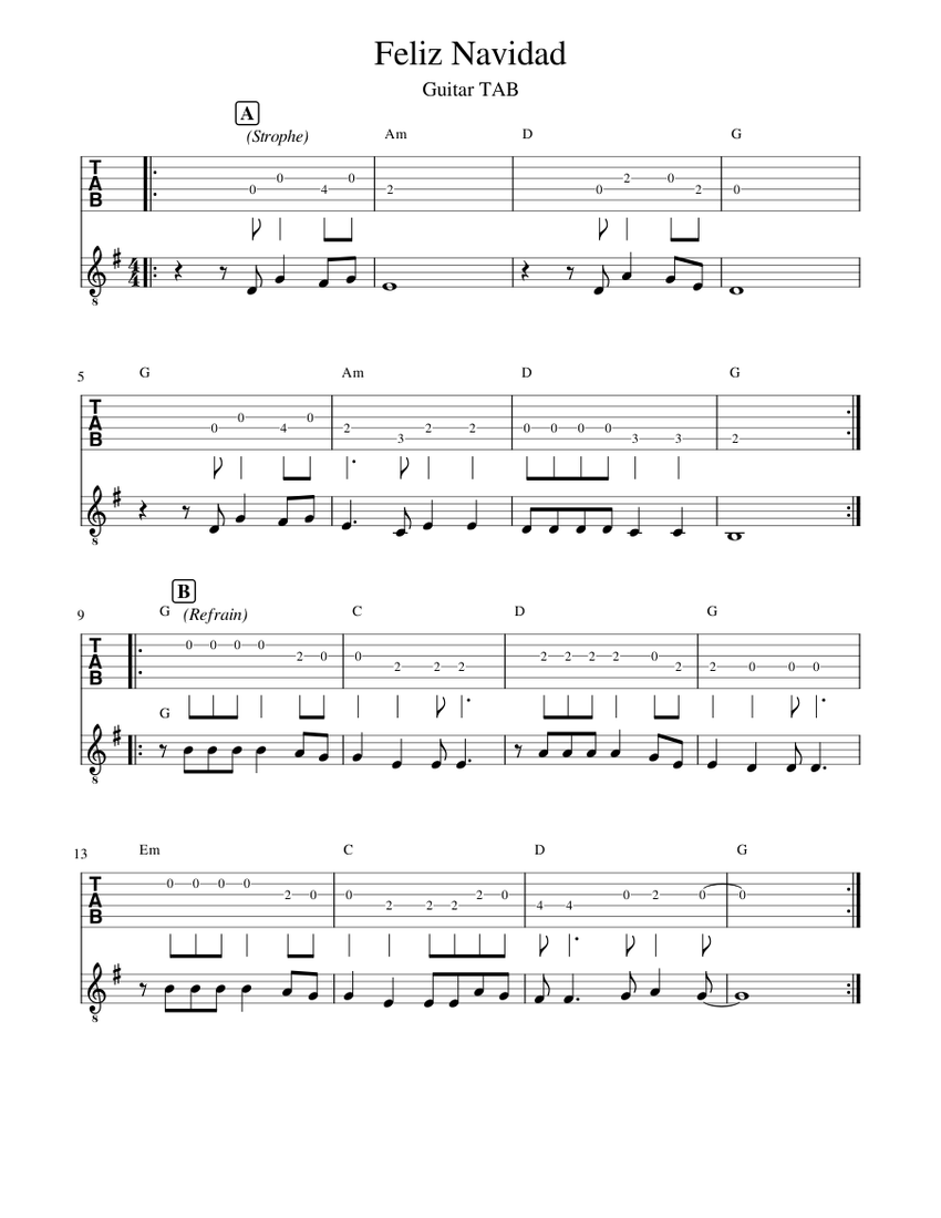 Feliz Navidad - Guitar Sheet music for Guitar, Bouzouki (Solo ...