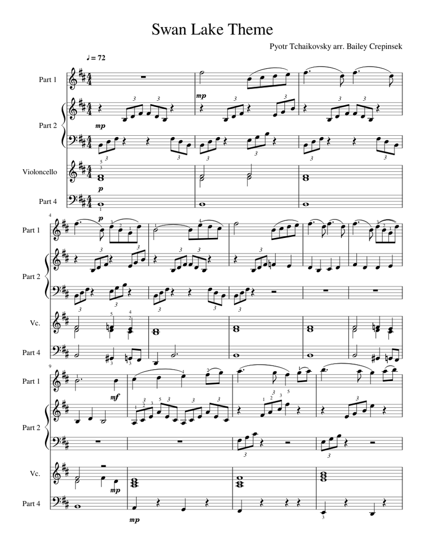 Swan Lake Theme Sheet Music for Oboe, Contrabass, Cello, Harp (Mixed ...