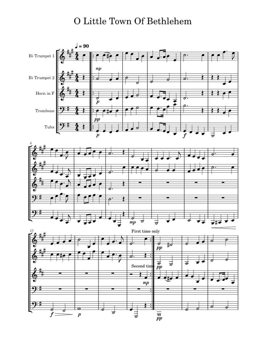 O Little Town Of Bethlehem Sheet Music for Trombone, Tuba, Trumpet in b ...