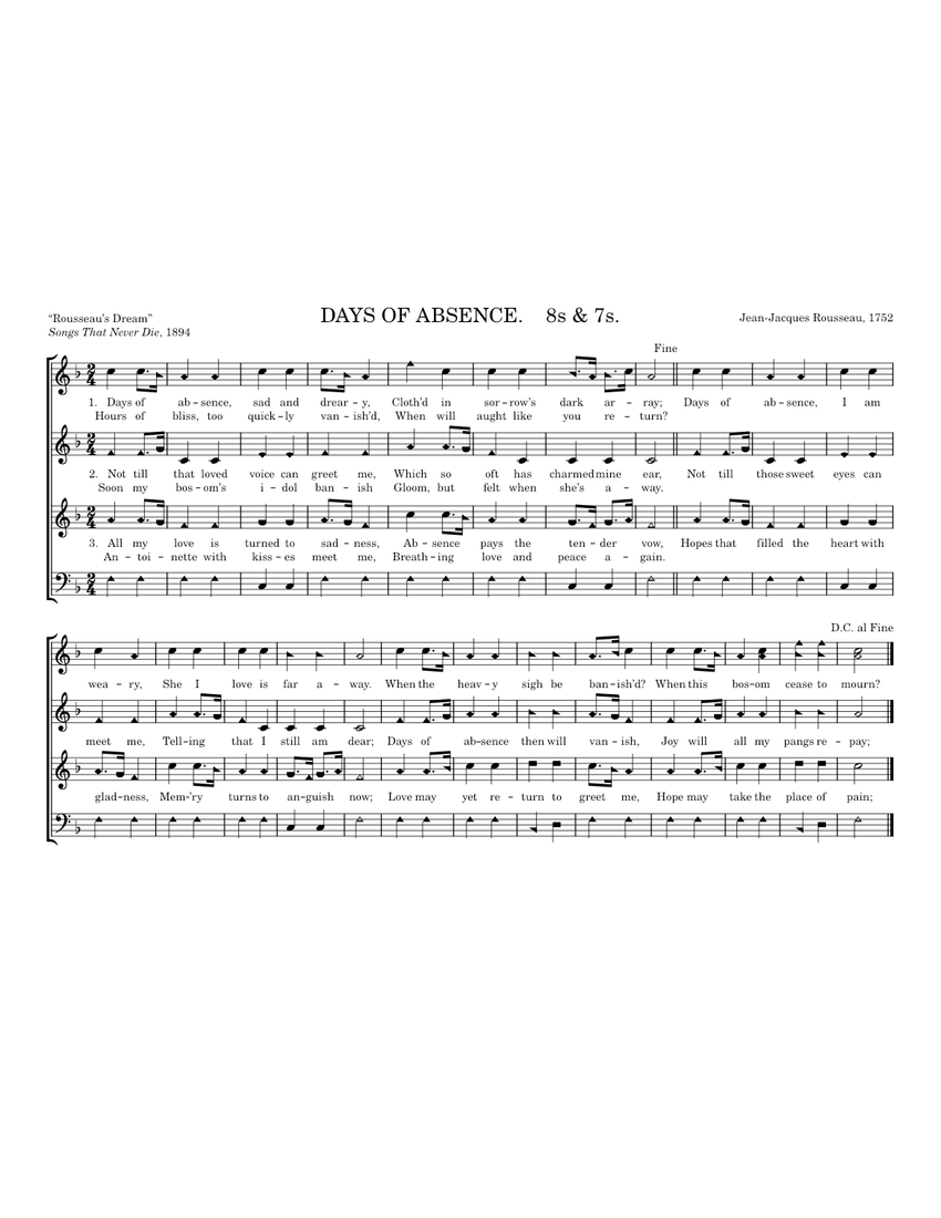 DAYS OF ABSENCE – Jean-Jacques Rousseau Sheet music for Soprano, Alto ...