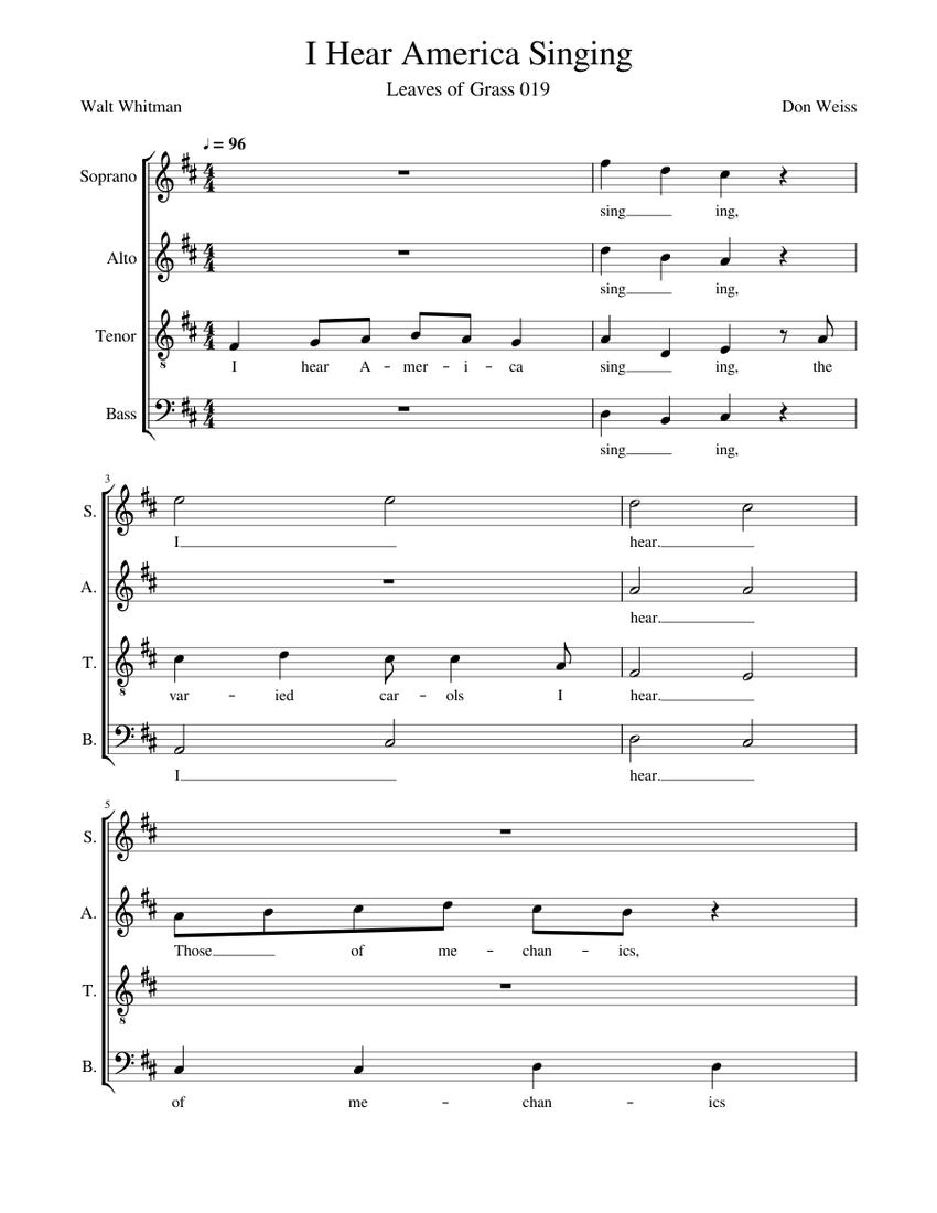 I Hear America Singing Sheet Music for Soprano, Alto, Tenor, Bass voice ...