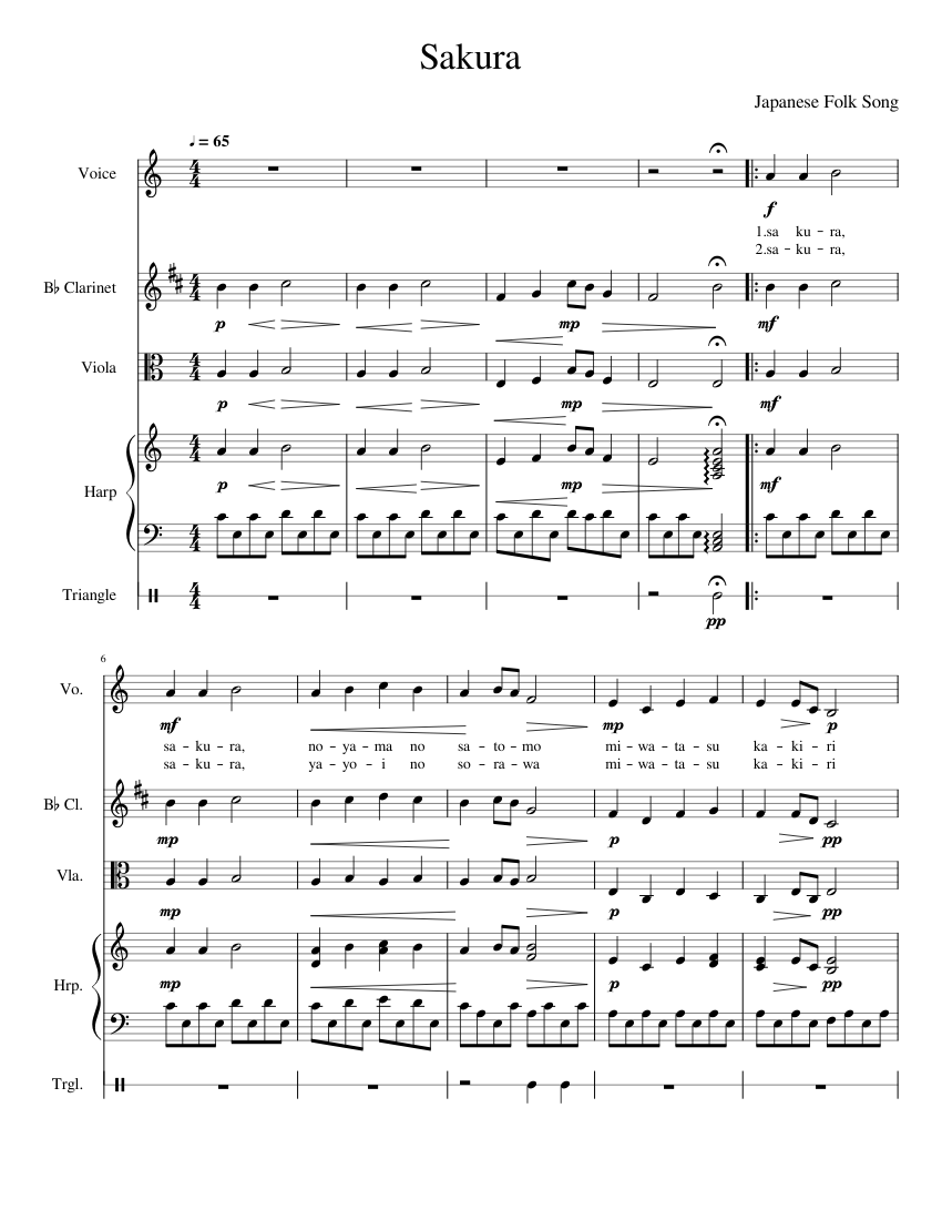 Sakura Sheet Music Sheet music for Vocals, Clarinet in b-flat, Viola ...