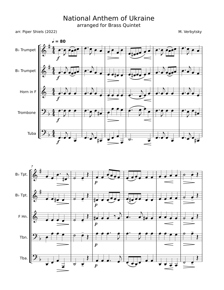 Ukrainian National Anthem (Brass Quintet) Sheet music for Trombone ...