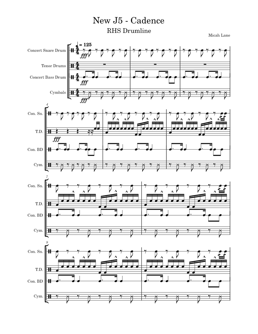 New J5 - Cadence Sheet music for Snare drum, Crash, Tenor drum, Bass ...