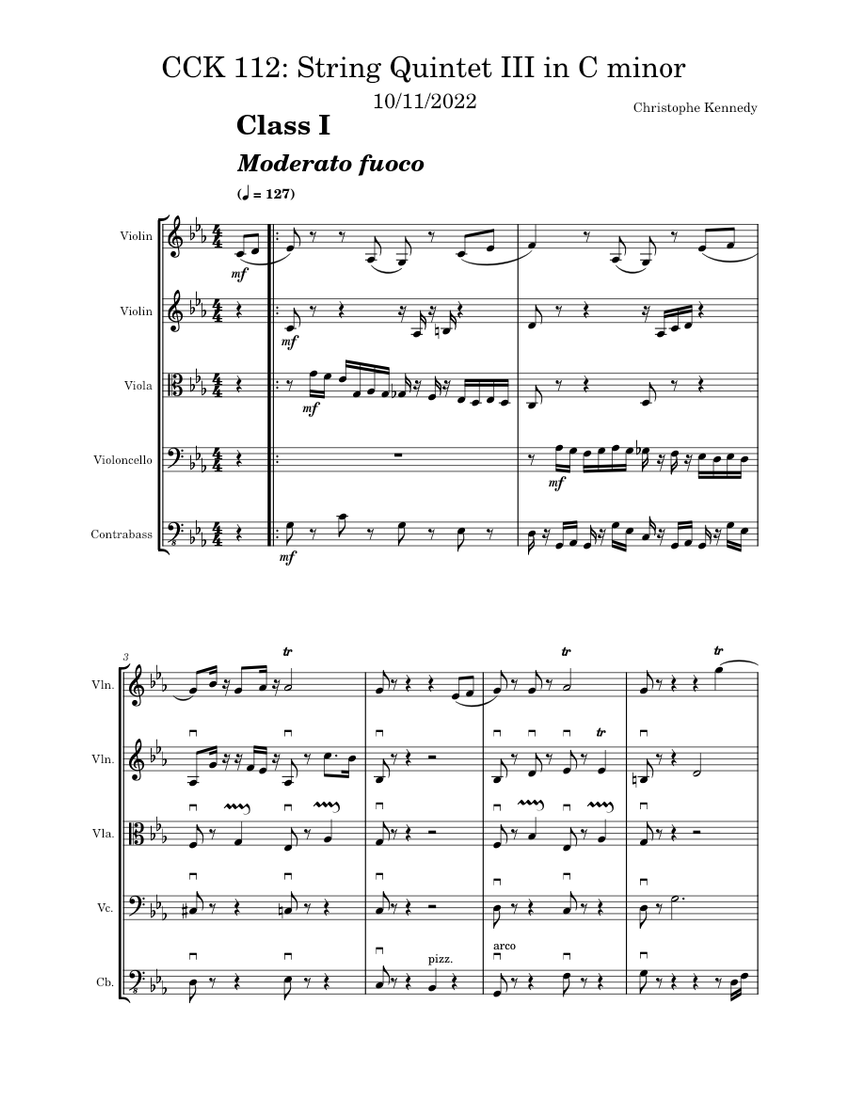 CCK 112: String Quintet III in C minor Sheet Music for Contrabass, Violin, Viola, Cello (String ...