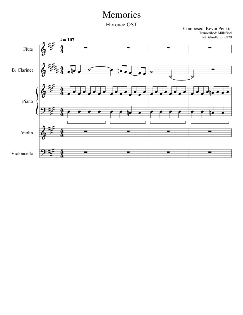 Memories ~ Florence Sheet Music for Piano, Flute, Clarinet in b-flat ...
