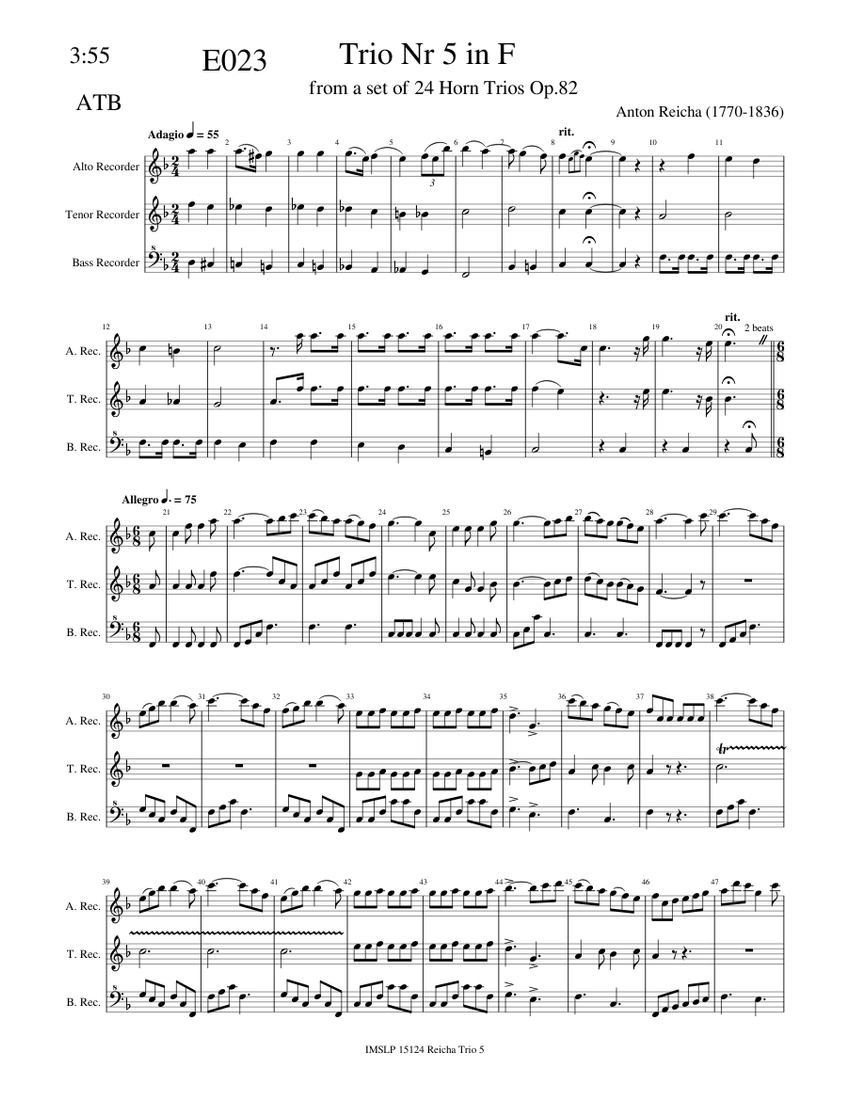 E023 Horn trios Op 82 Nr 5 ATB Sheet music for Recorder (Woodwind Trio ...