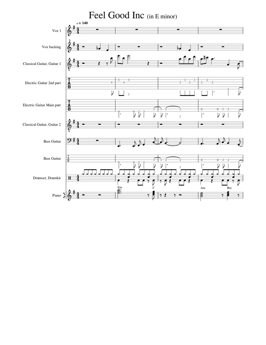 Feel Good Inc in E Minor guitar & bass Sheet Music and Tab for Piano ...
