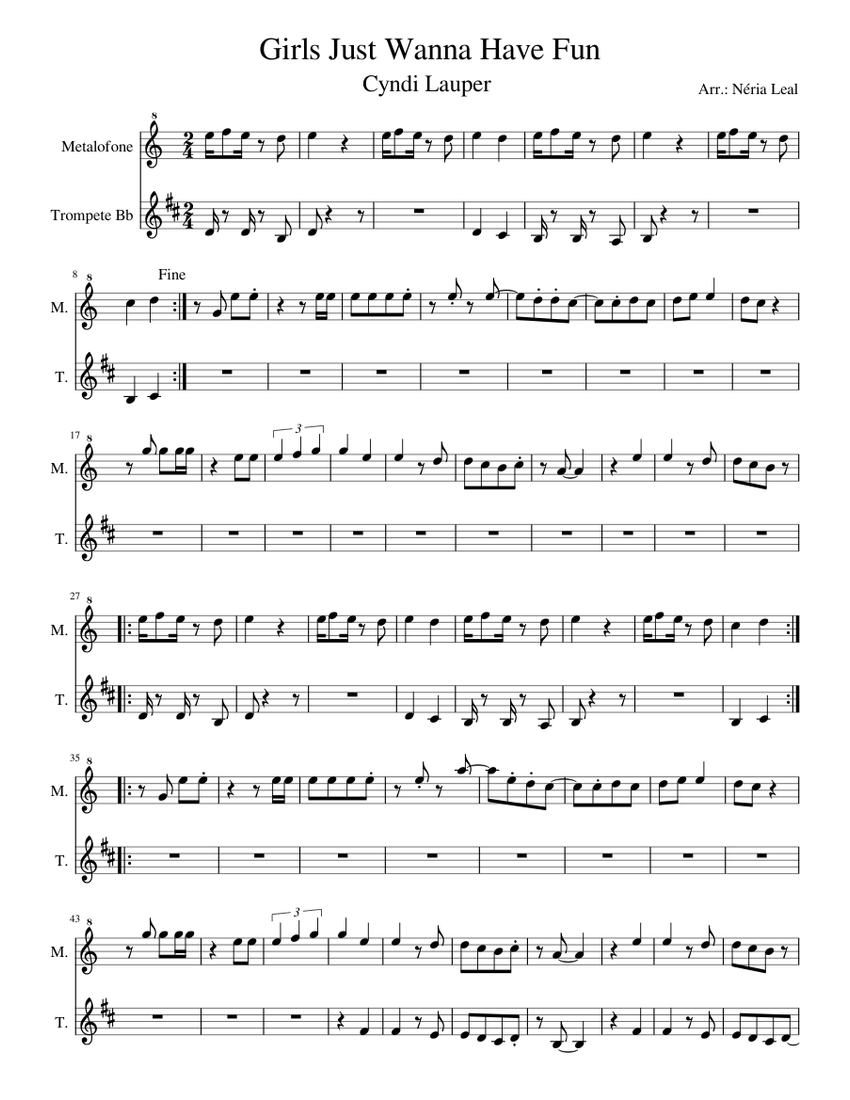 Girls Just Wanna Have Fun Sheet Music for Trumpet in b-flat ...